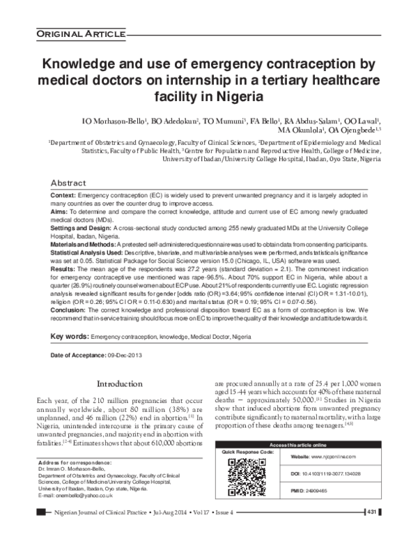 (PDF) Knowledge and use of emergency contraception by medical doctors ...