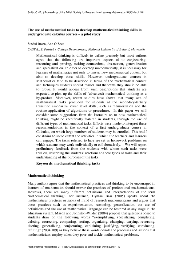 (PDF) The use of mathematical tasks to develop mathematical thinking skills in undergraduate ...