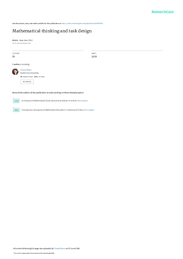 (PDF) Designing Mathematical Thinking Tasks | Sinead Breen - Academia.edu