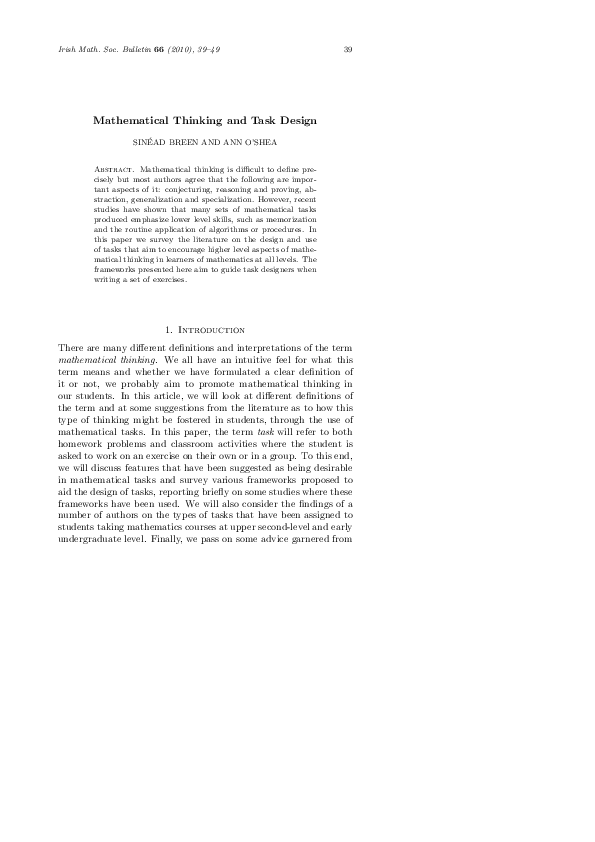 (PDF) Mathematical thinking and task design