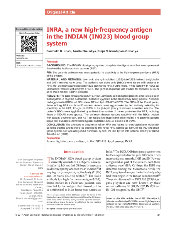 (PDF) INRA, a new high-frequency antigen in the INDIAN (IN023) blood ...
