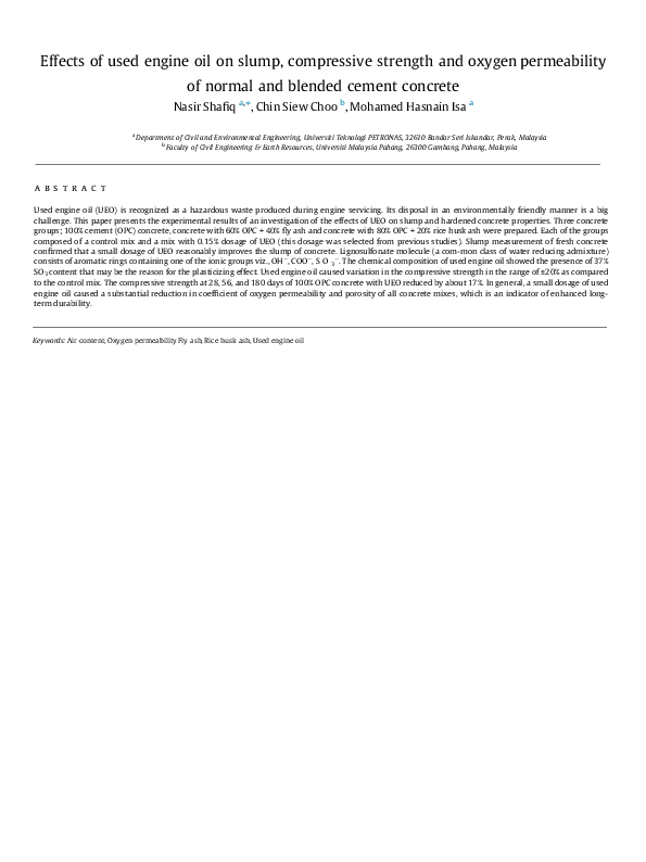 (PDF) Effects of used engine oil on slump, compressive strength and ...