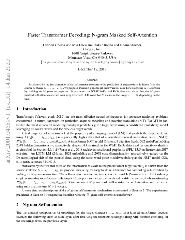 (PDF) Faster Transformer Decoding: N-gram Masked Self-Attention