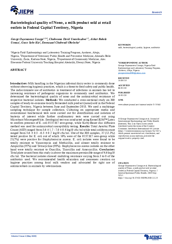 (PDF) Bacteriological quality of Nono, a milk product sold at retail ...