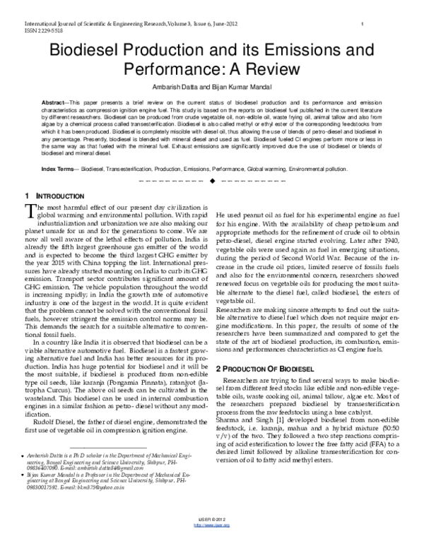 (PDF) Biodiesel Production and its Emissions and Performance: A Review