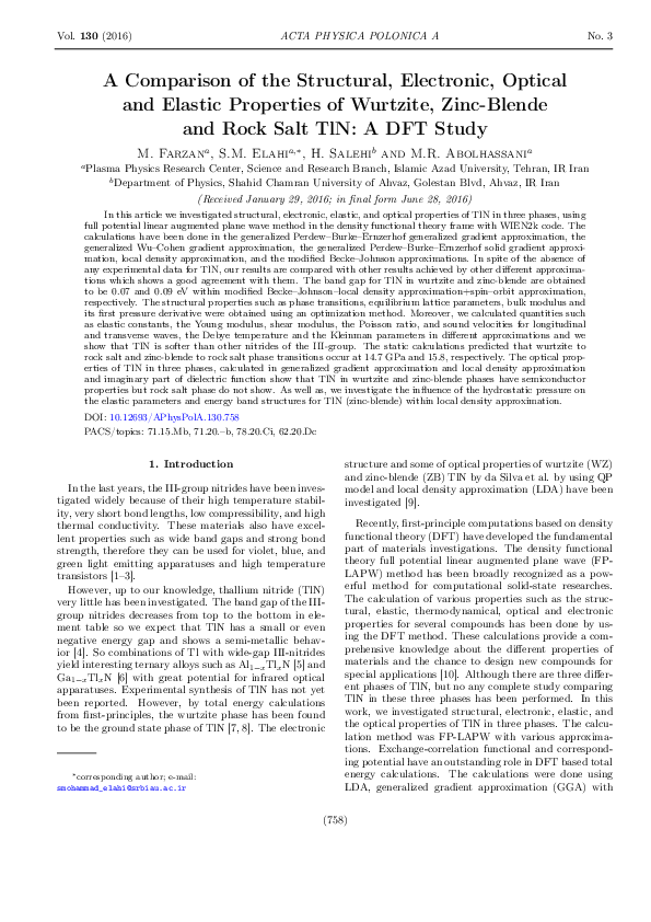(PDF) A Comparison of the~Structural, Electronic, Optical and Elastic Properties of Wurtzite ...