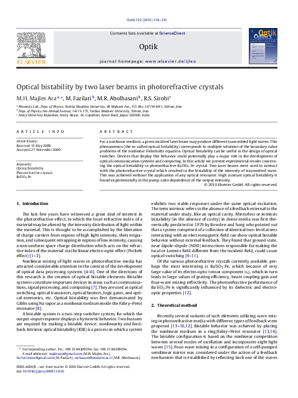 (PDF) Optical bistability by two laser beams in photorefractive crystals