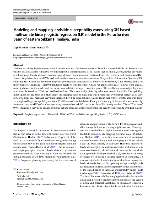(PDF) Modeling and mapping landslide susceptibility zones using GIS based multivariate binary ...
