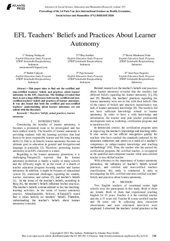 (PDF) EFL Teachers’ Beliefs and Practices About Learner Autonomy