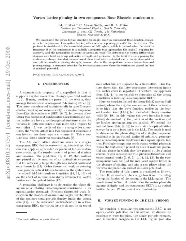 Pdf Vortex Lattice Pinning In Two Component Bose Einstein Condensates