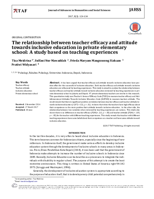(PDF) The relationship between teacher efficacy and attitude towards inclusive education in ...