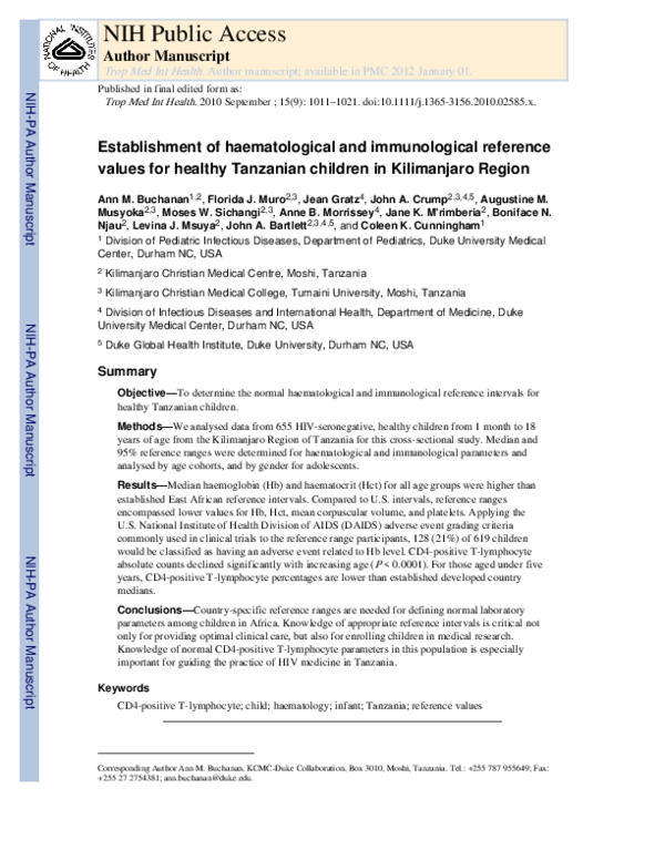 (PDF) Establishment of haematological and immunological reference ...