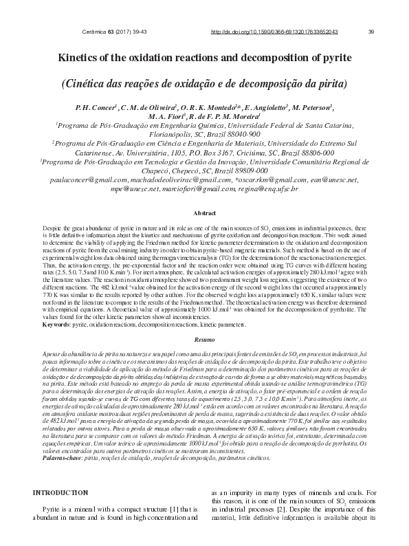 (PDF) Kinetics of the oxidation reactions and decomposition of pyrite | E. Angioletto - Academia.edu