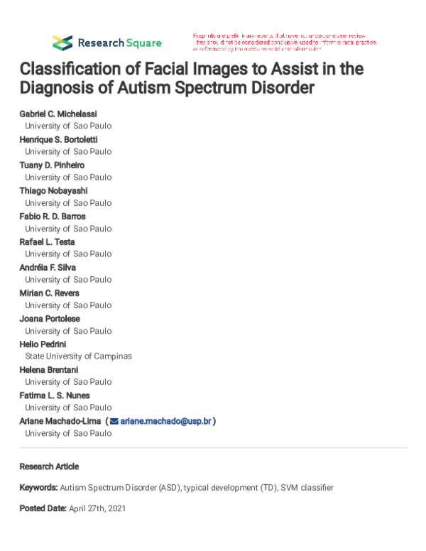 (PDF) Classification of Facial Images to Assist in the Diagnosis of Autism Spectrum Disorder