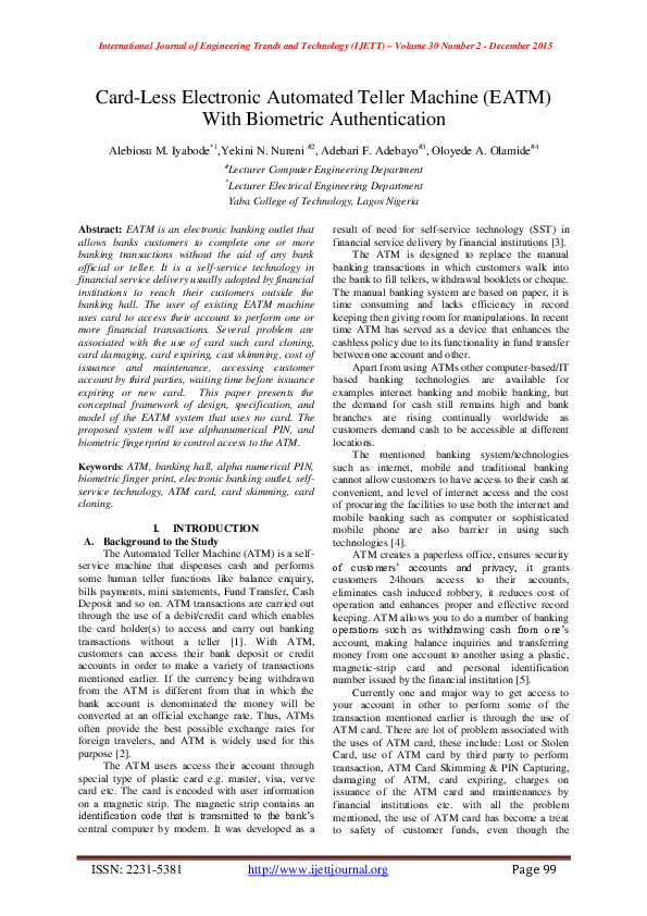 Pdf Card Less Electronic Automated Teller Machine Eatm With Biometric Authentication