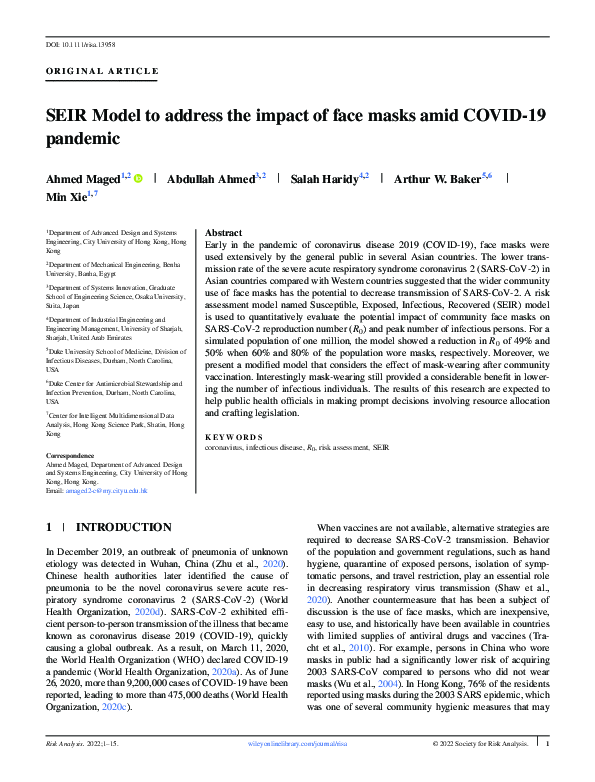 (PDF) SEIR Model to address the impact of face masks amid COVID‐19 pandemic