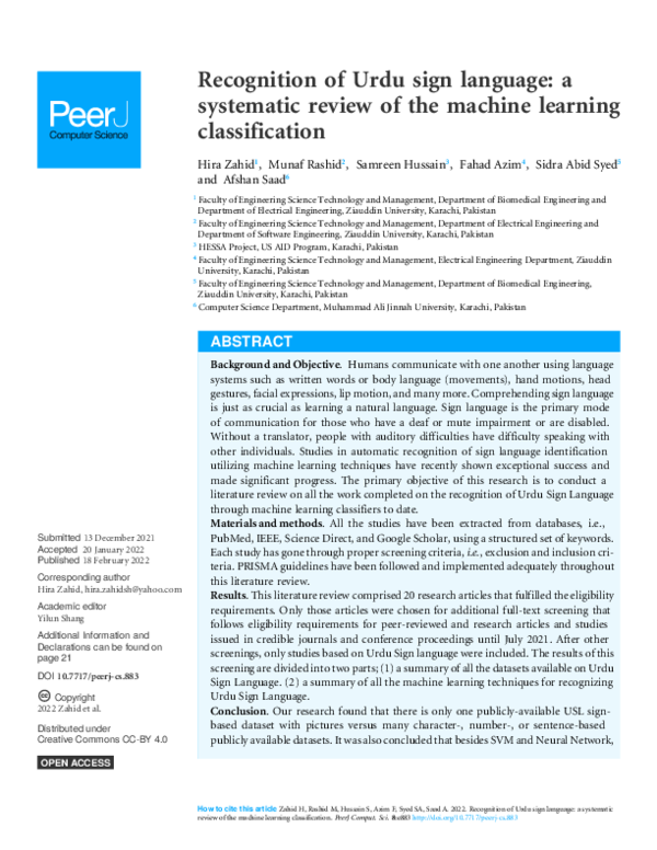 Pdf Recognition Of Urdu Sign Language A Systematic Review Of The Machine Learning Classification
