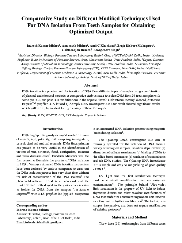 (PDF) Comparative Study on Different Modified Techniques Used For DNA Isolation From Teeth ...