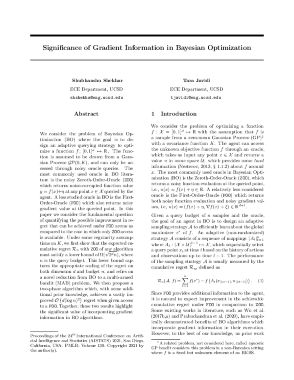 (PDF) Significance of Gradient Information in Bayesian Optimization | Tara Javidi - Academia.edu