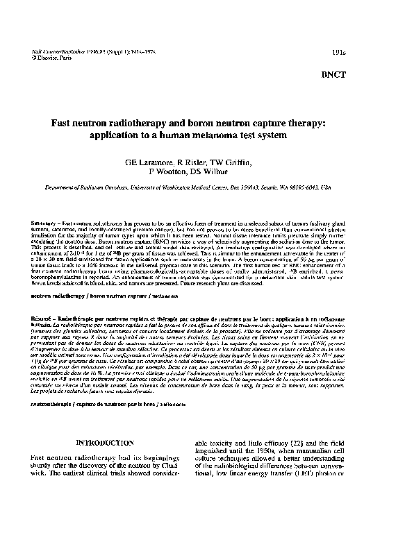 (PDF) Fast neutron radiotherapy and boron neutron capture therapy ...