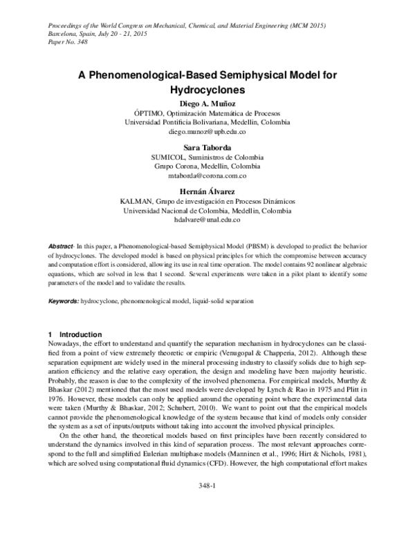 (PDF) A Phenomenological-Based Semiphysical Model for Hydrocyclones