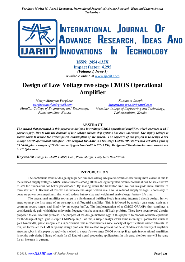 (PDF) Design of Low Voltage two stage CMOS Operational Amplifier