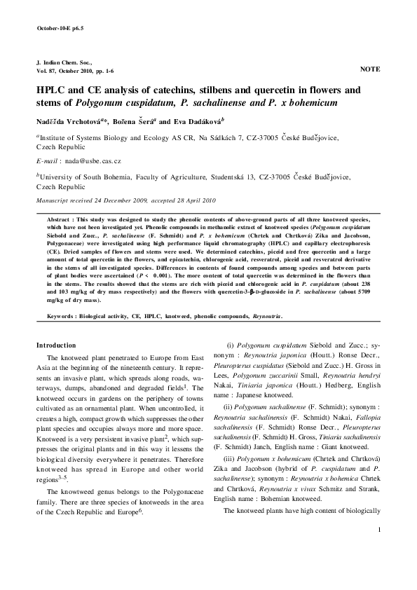 (PDF) HPLC and CE analysis of catechins, stilbens and quercetin in flowers and stems of ...
