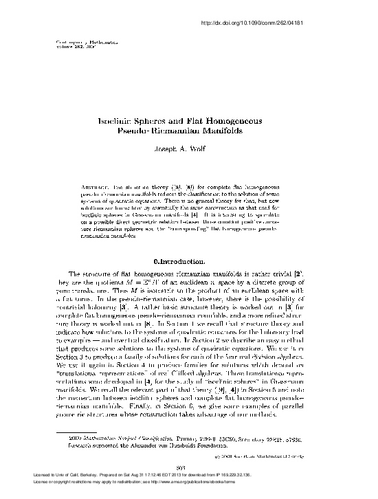 (PDF) Isoclinic spheres and flat homogeneous pseudo-Riemannian manifolds