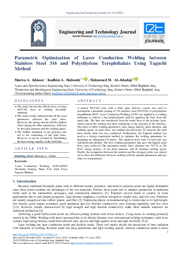 (PDF) Parametric Optimization of Laser Conduction Welding between Stainless Steel 316 and ...
