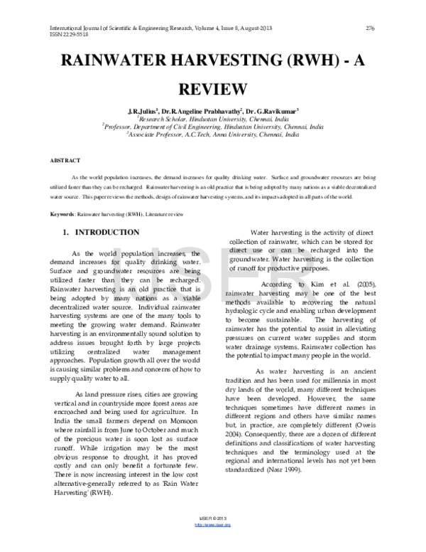 (PDF) Rainwater Harvesting (RWH) - A Review