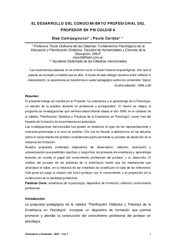 (PDF) El desarrollo del conocimiento profesional del profesor en psicología | Carina ...