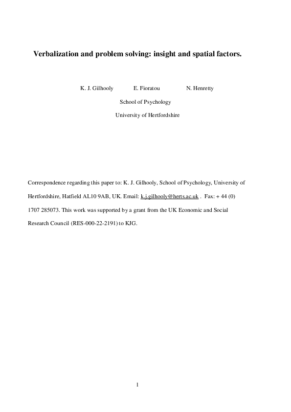 (PDF) Verbalization and problem solving: Insight and spatial factors