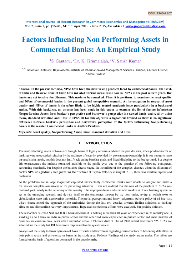 (PDF) Analyzing factors influencing non performing assets from banker's ...