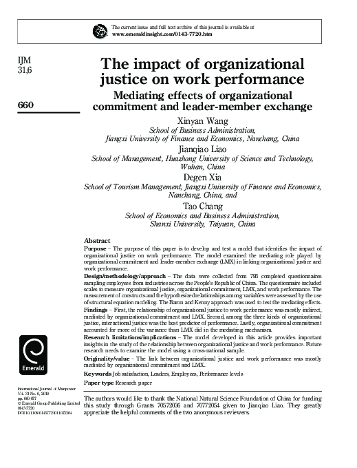 (PDF) The impact of organizational justice on work performance Mediating effects of ...