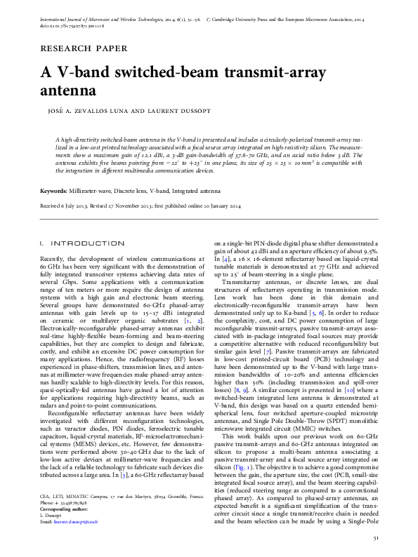 Pdf A V Band Switched Beam Transmit Array Antenna Jose Luis Jordan
