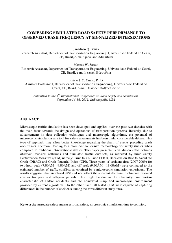 Pdf Comparing Simulated Road Safety Performance To Observed Crash
