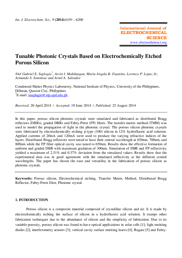(PDF) Tunable Photonic Crystals Based on Electrochemically Etched Porous Silicon