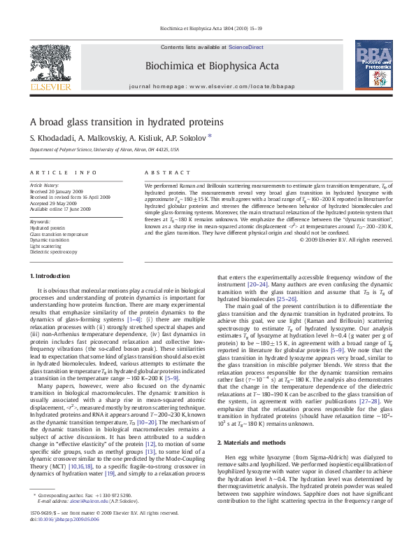 (PDF) A broad glass transition in hydrated proteins