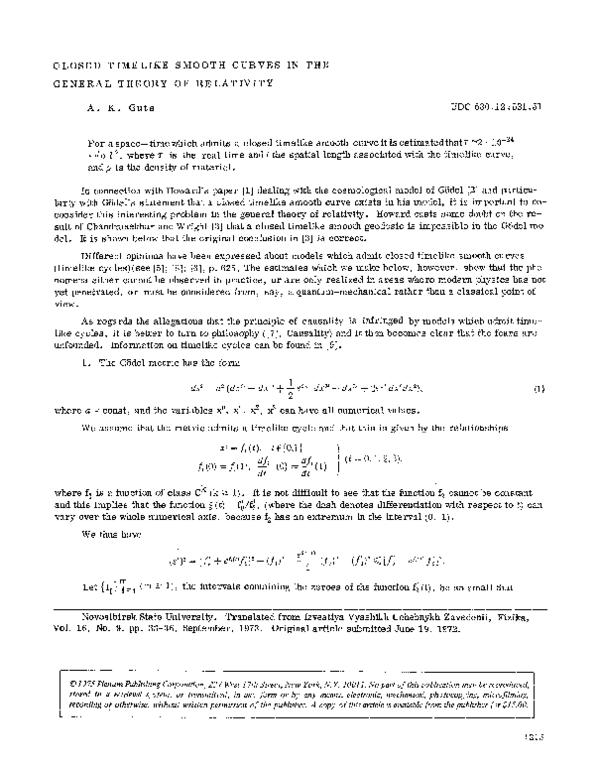 (PDF) Closed timelike smooth curves in the general theory of relativity
