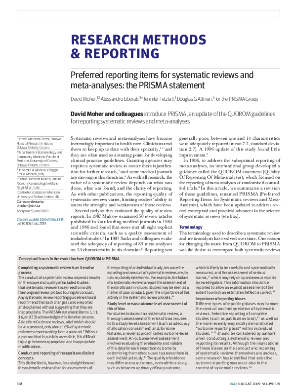 (PDF) Preferred Reporting Items for Systematic Reviews and Meta-Analyses: The PRISMA Statement
