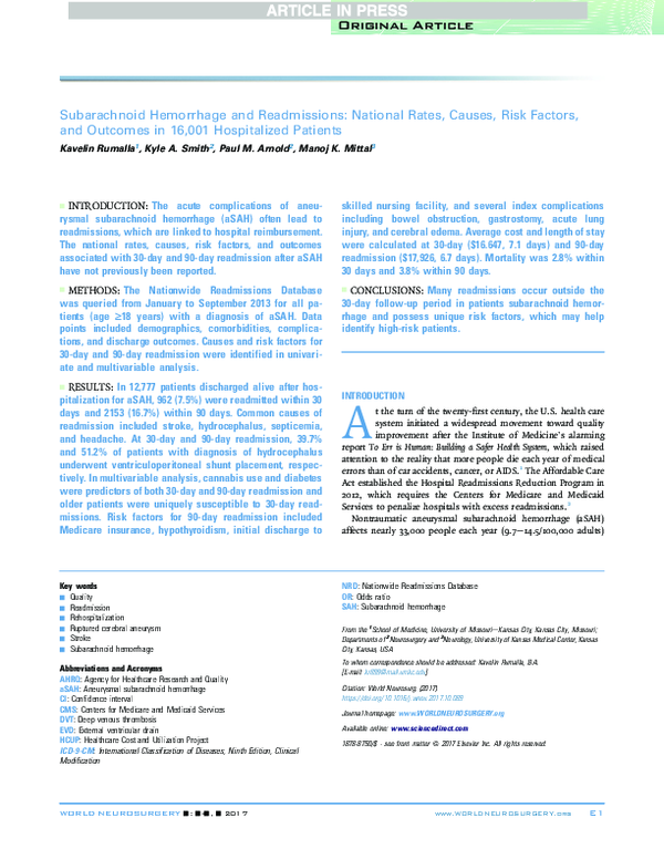 (PDF) Subarachnoid Hemorrhage and Readmissions: National Rates, Causes ...