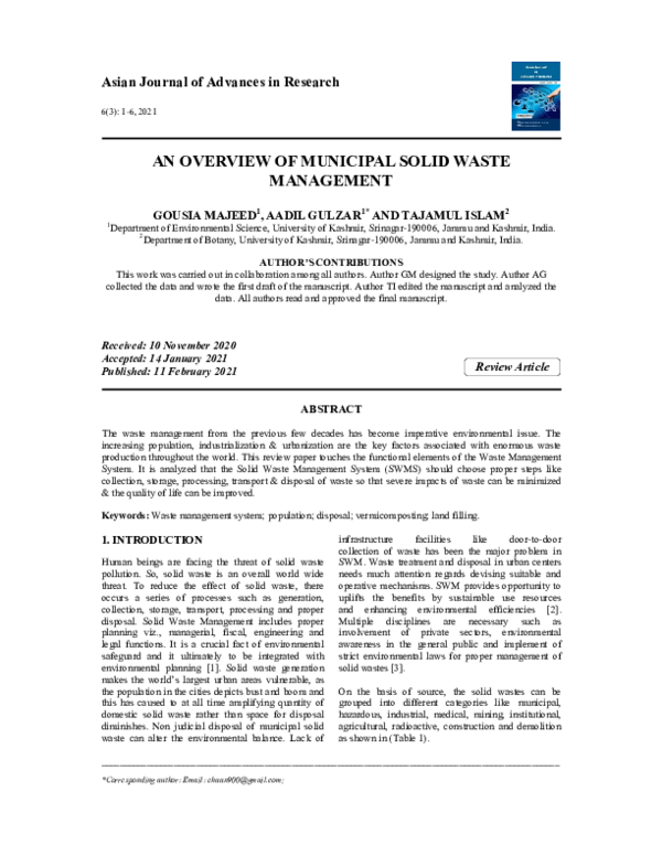 (PDF) An Overview of Municipal Solid Waste Management