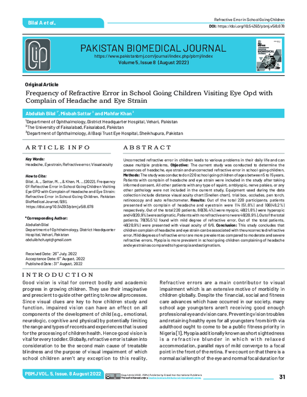 (PDF) Frequency Of Refractive Error in School Going Children Visiting Eye OPD with Complain of ...