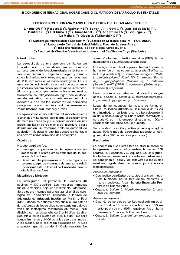 (PDF) Leptospirosis humana y animal en diferentes áreas ambientales