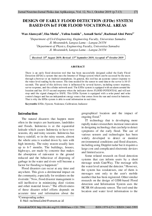(PDF) DESIGN OF EARLY FLOOD DETECTION (EFDe) SYSTEM BASED ON IoT FOR ...