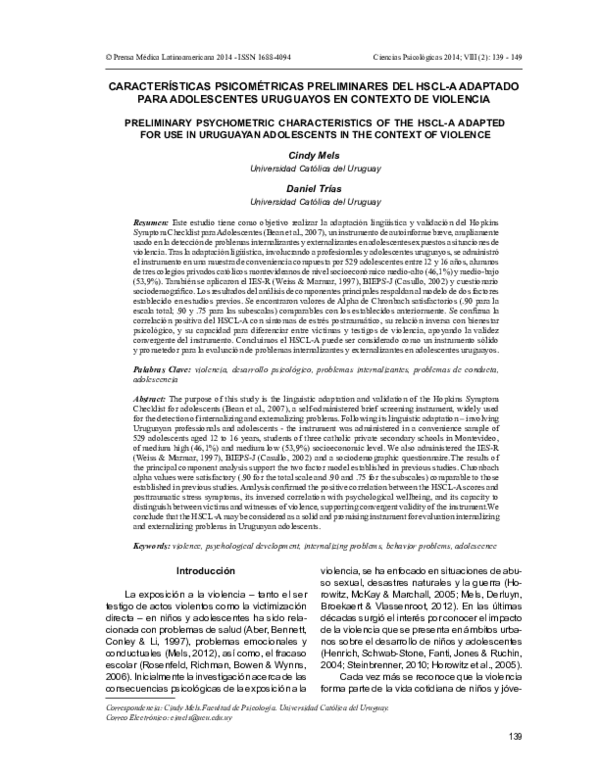 (PDF) Características Psicométricas Preliminares Del HSCL-A Adaptado ...
