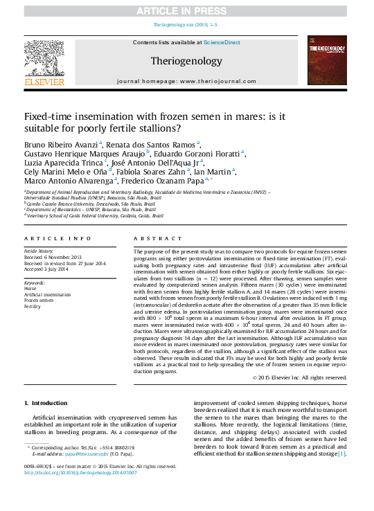 (PDF) Fixed-time insemination with frozen semen in mares: is it suitable for poorly fertile ...
