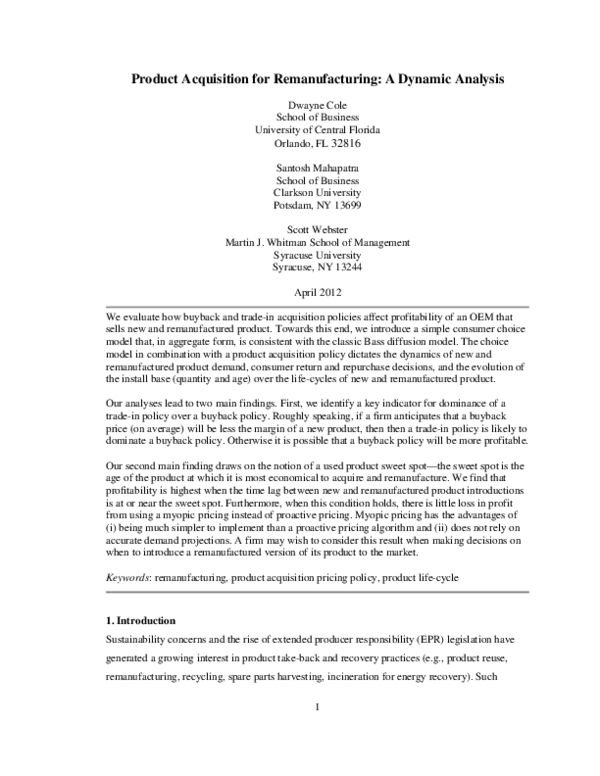 (PDF) Product Acquisition for Remanufacturing: A Dynamic Analysis