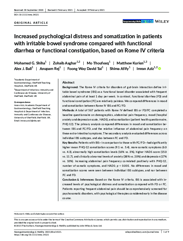 (PDF) Increased psychological distress and somatization in patients with irritable bowel ...