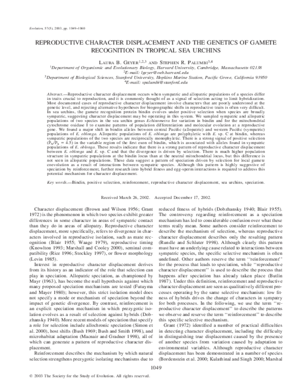 (PDF) Reproductive Character Displacement and the Genetics of Gamete ...
